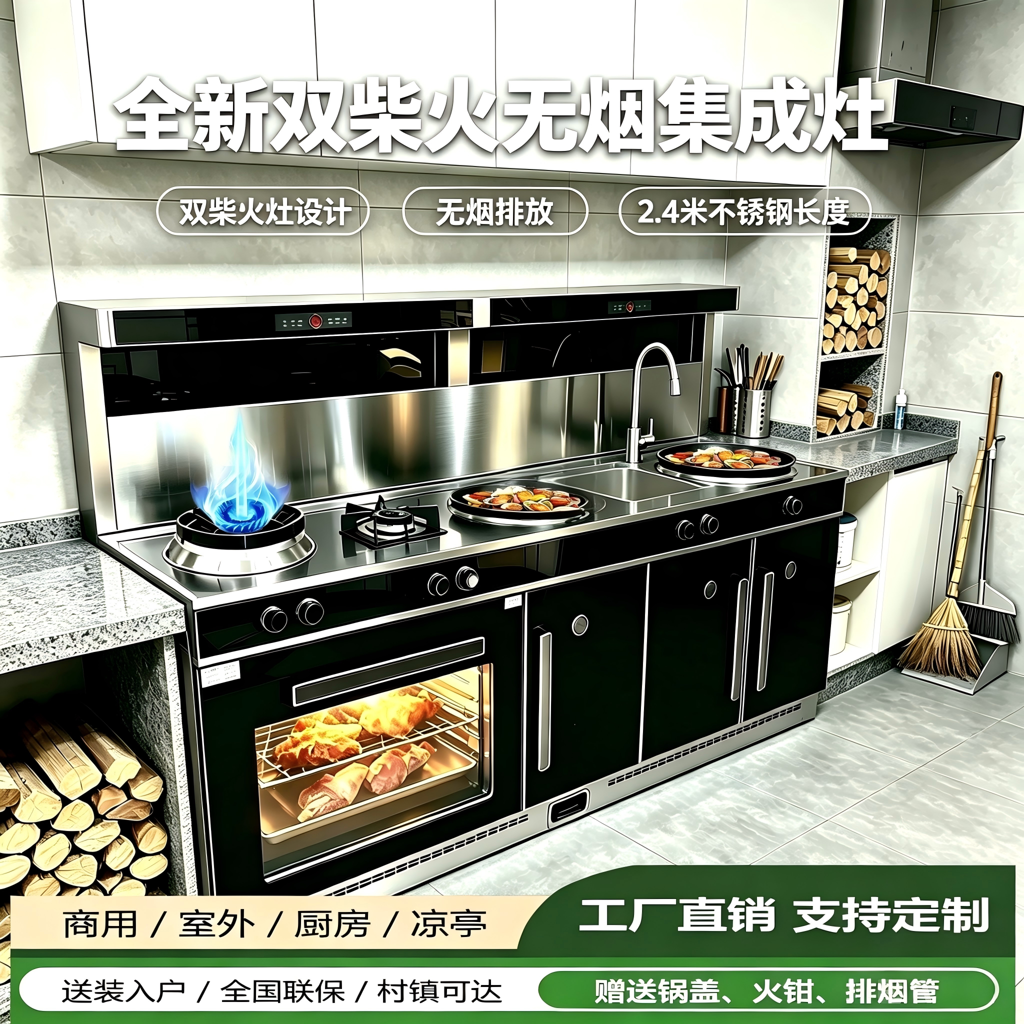 立吉火双柴火集成灶无烟农村自建房别墅家用一体不锈钢新款土灶