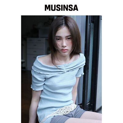 UGLYSHADOW 不对称罗纹露肩T恤（薄荷色） MUSIN韩国官网直邮进口