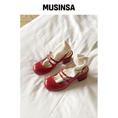 LEVASE 例如) LOU 玛丽珍绑带鞋-红色 5cm MUSIN韩国官网直邮进口