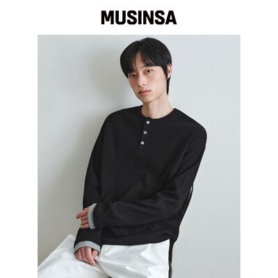 WEDNESDAY OASIS 层叠华夫纹亨利领T恤_BLACK(W2韩国官网直邮进口