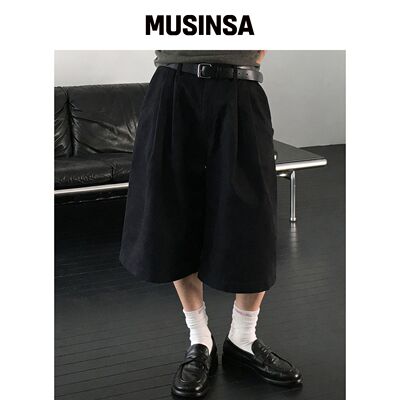 NOMBRE 后松紧带百慕大双褶棉休闲裤 [黑色] MUS韩国官网直邮进口