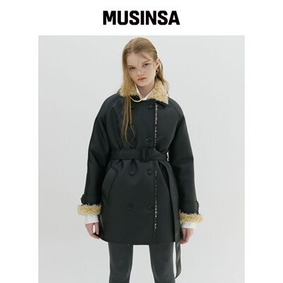 B QUIET 软毛绒风衣半外套_黑色米色 MUSINSA韩国官网直邮进口