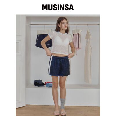 LOSSYROW 海军蓝缎面侧条短裤韩国官网直邮进口MUSINSA