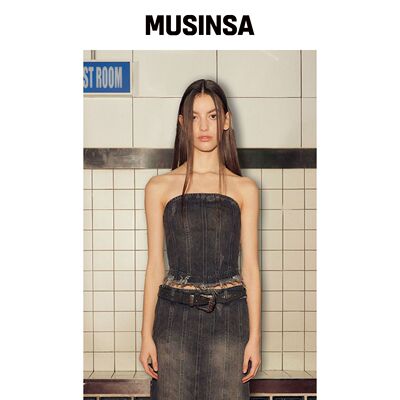 AFTERHOURS DENIM PANELLED TUBE TOP (黑色)韩国官网直邮进口