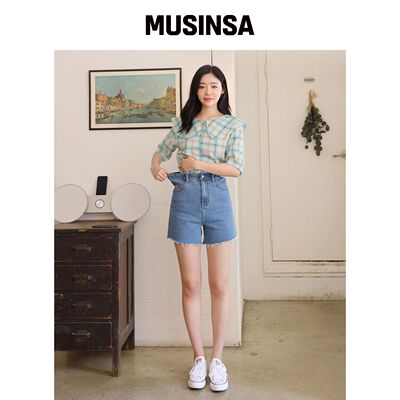 BBAEBBAE 松紧带下摆切割高腰牛仔短裤 MUSINSA韩国官网直邮进口