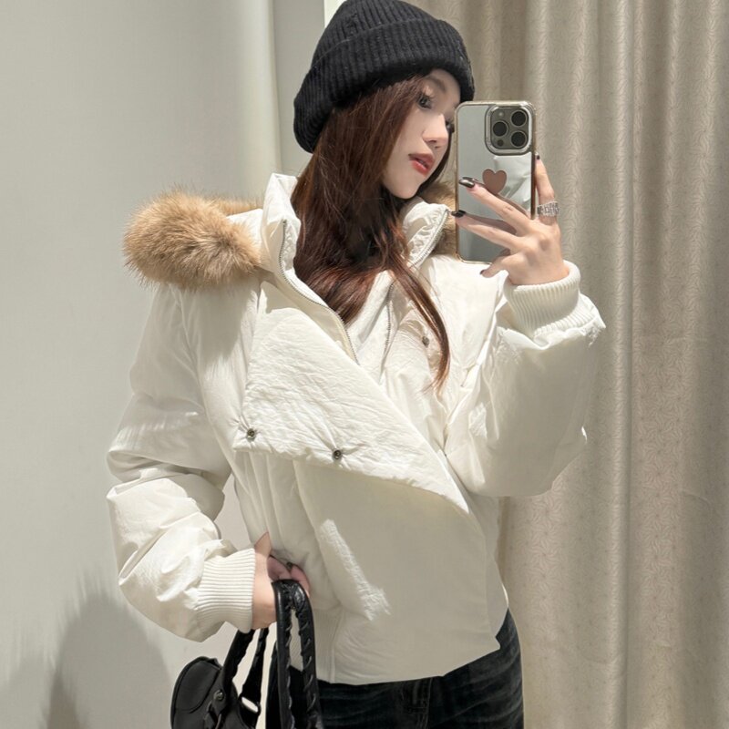 美式慵懒风白色毛毛领连帽外套女春冬新款小个子短款宽松棉服上衣