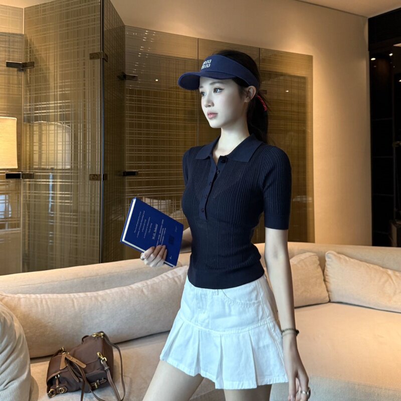 美式黑色镂空POLO衫上衣短袖t恤女2026夏季白色短裙子高尔夫套装