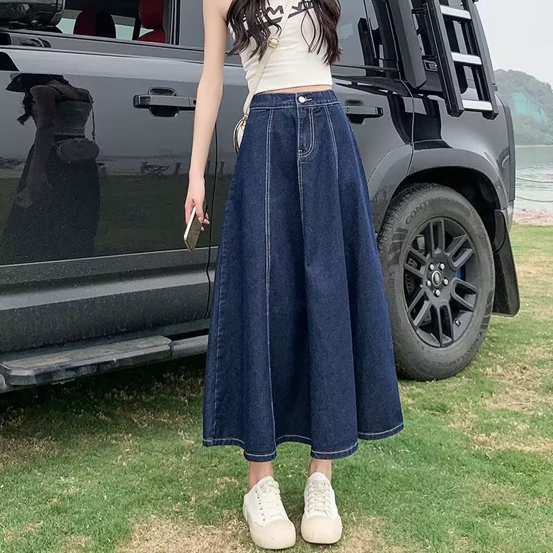 牛仔半身裙女中长款秋季大码2023高腰显瘦宽松松紧腰a字百搭伞裙