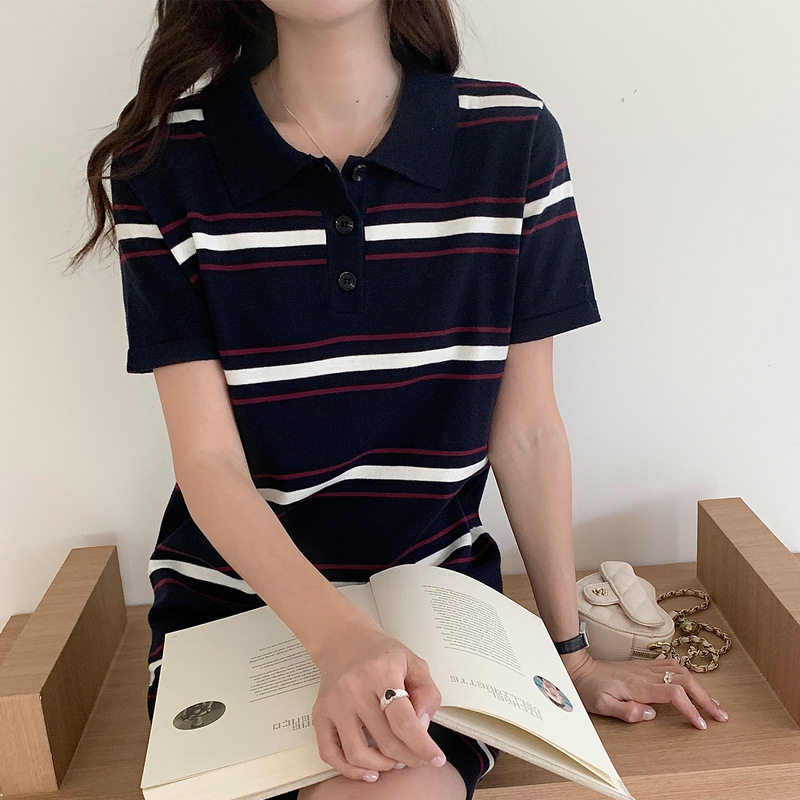 春夏新款女式POLO领纯棉连衣裙学院风针织三分袖长裙子间色条纹