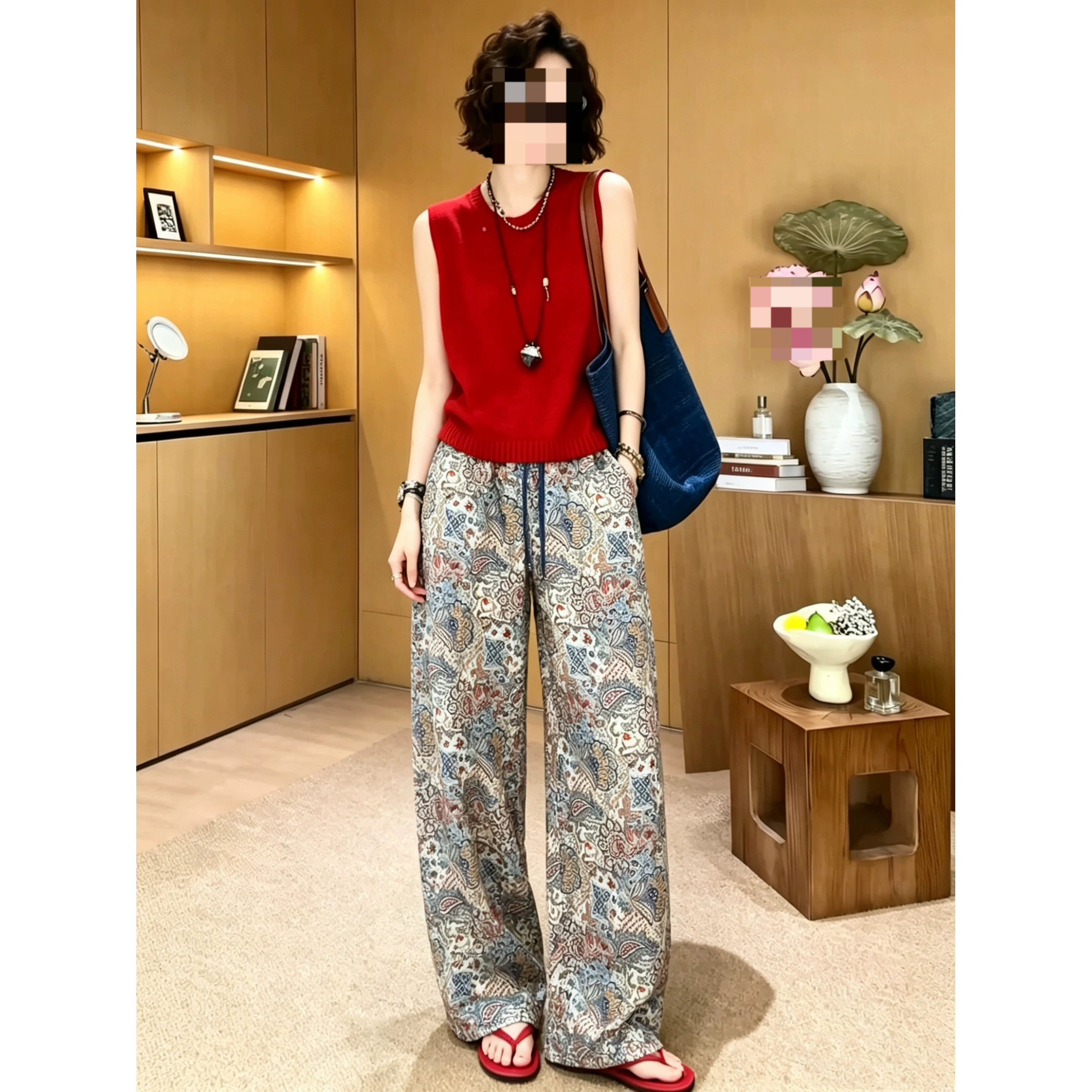 时尚洋气套装女2026夏季新款显瘦针织背心上衣印花阔腿裤两件套潮