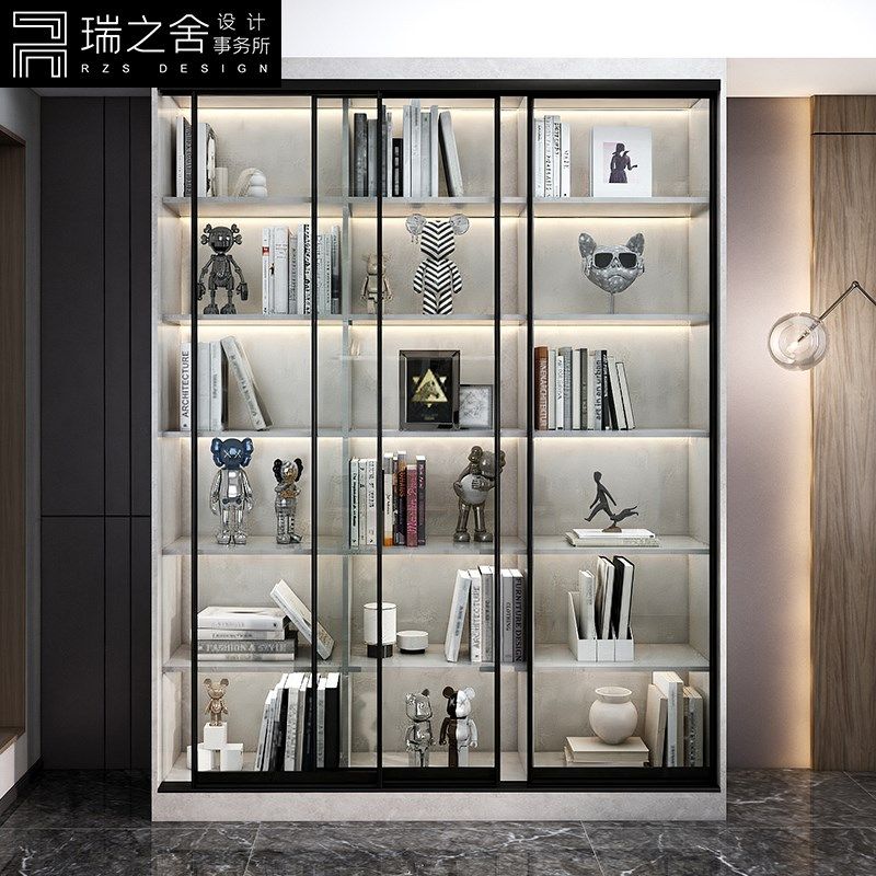轻奢推拉玻璃门书柜家用客厅书架展示柜实木落地移门储物书橱定制