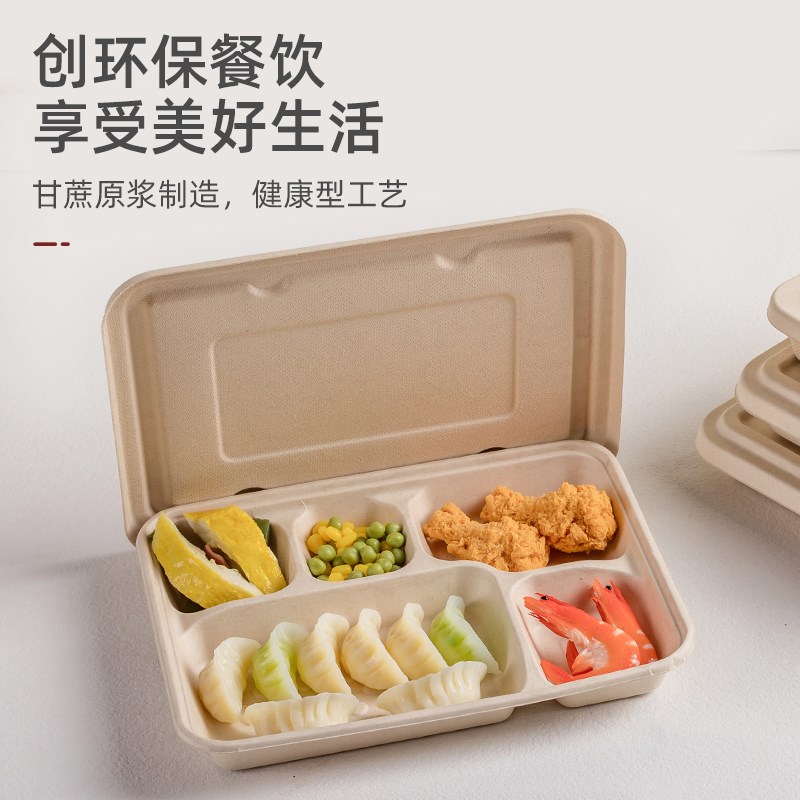 一次性纸浆餐盒环保可降解三格4格5格饭盒外卖打包盒分格便当餐具