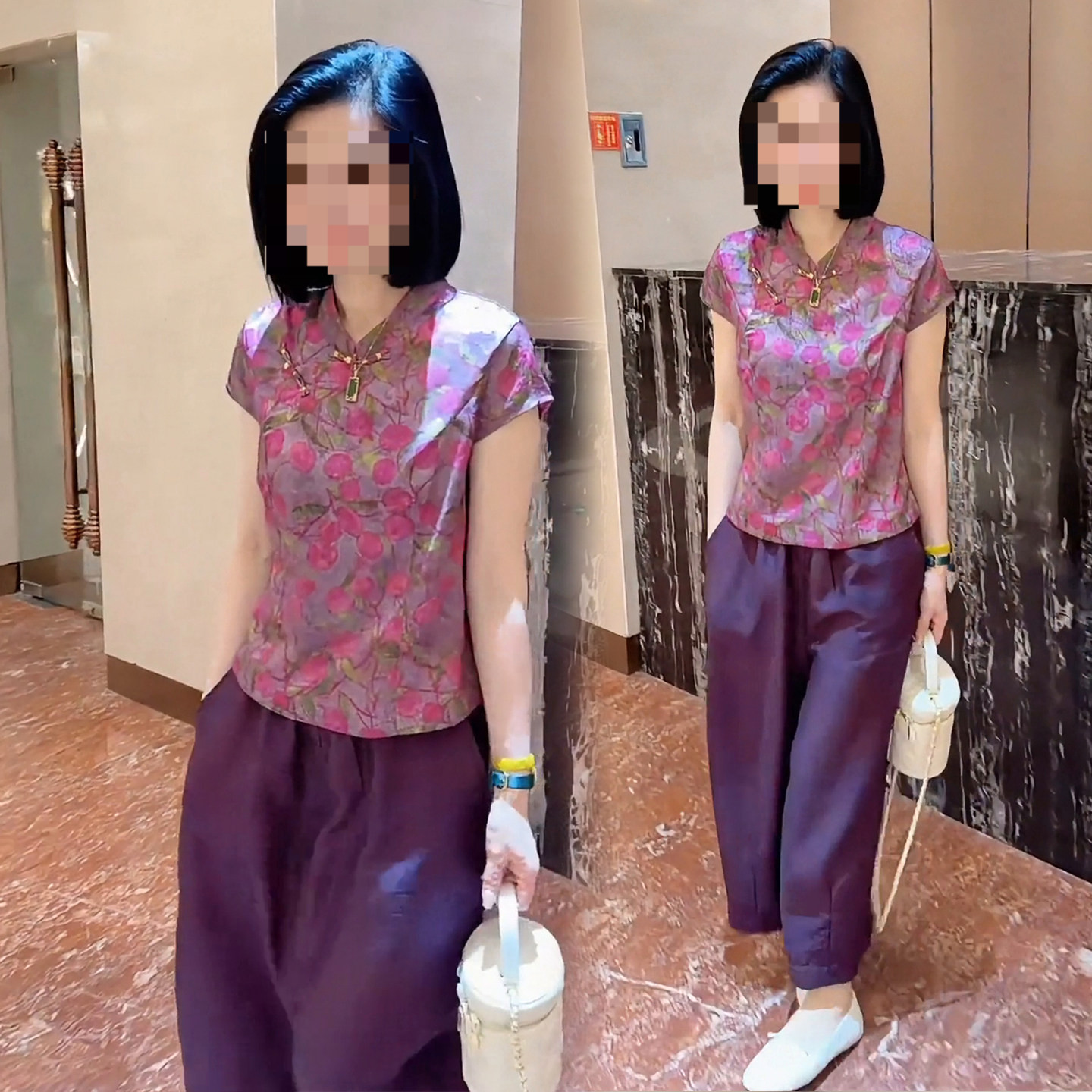 新中式妈妈夏装印花短上衣套装2026新款洋气高腰T恤阔腿裤两件套