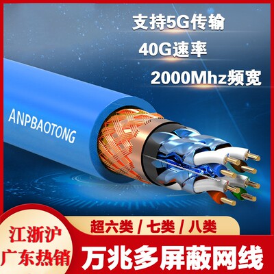 安普千兆超六类双屏蔽网线 无氧铜8芯室内外双屏蔽 Cat7A万兆网线