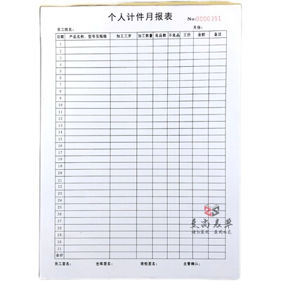 公司工厂工人计件工资核算表个人计件月报表车间员工月产量明细表