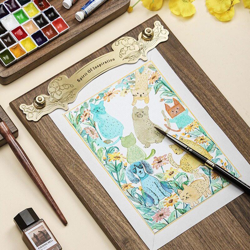 黑胡桃木画板美术生专用画架板夹黄铜菜单夹复古素描速写板绘图板