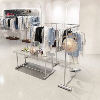 服装店女装不锈钢拐角落地挂衣架童装店展示架弧形衣架陈列货架