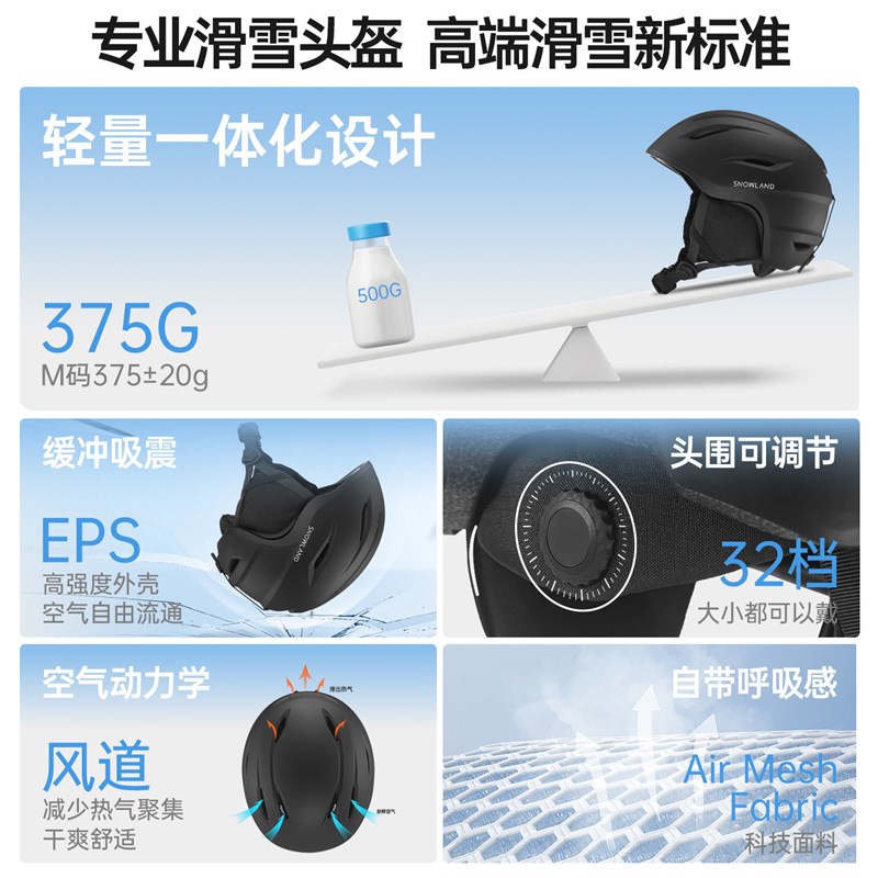 超轻滑雪头盔单板双板雪盔大头围滑雪帽女男护目镜一体套装装备