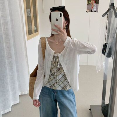 苏珊韩系复古格纹绑带背心针织