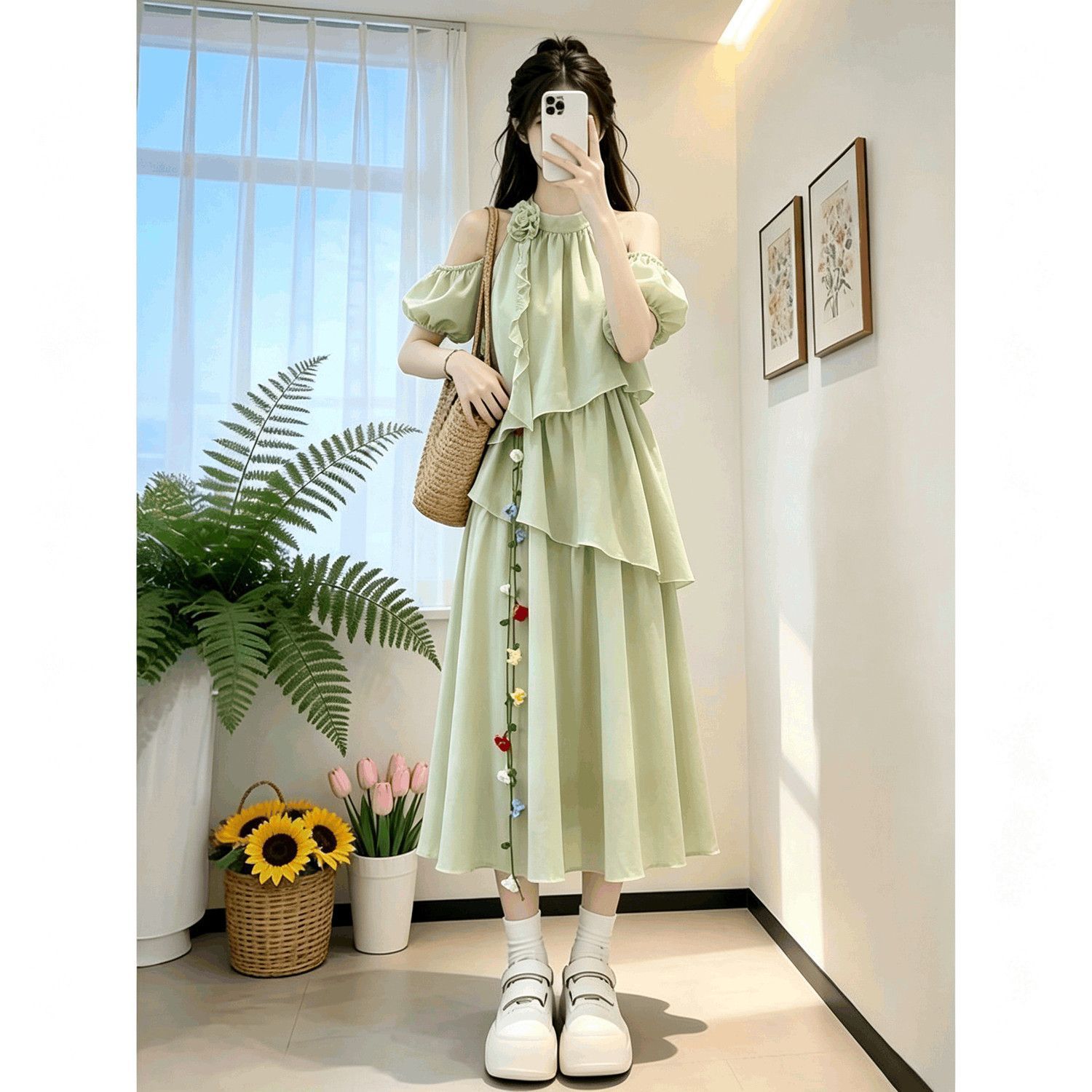 温柔度假风绿色露肩挂脖连衣裙子女夏季法式甜美减龄仙女蛋糕长裙