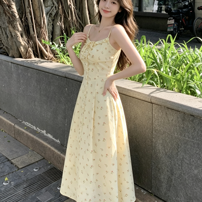 法式黄色碎花吊带裙子开衫女大码胖mm甜美高腰显瘦茶歇连衣裙
