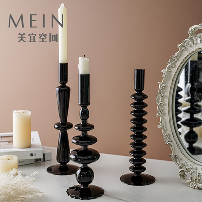 复古Vinage黑色玻璃烛台插花怀旧拍摄道具咖啡馆民宿家居装饰摆件