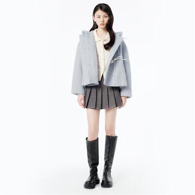 XIAOLI筱李 秋冬设计师款长毛呢牛角扣大衣外套 雾霾蓝/白色