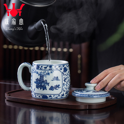 钟家窑陶瓷茶杯景德镇青花柴窑缠枝八宝个人专用办公杯泡茶杯带盖