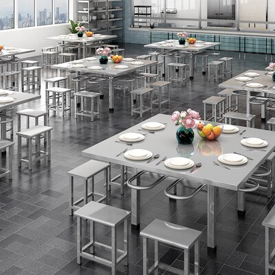 简约不锈钢餐桌食堂餐桌职员学校食堂餐桌椅可悬挂凳子1.15米方桌