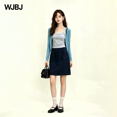 WJBJ韩系撞色拼接长袖T恤女蓝色显瘦百搭基础款上衣WJBJK008