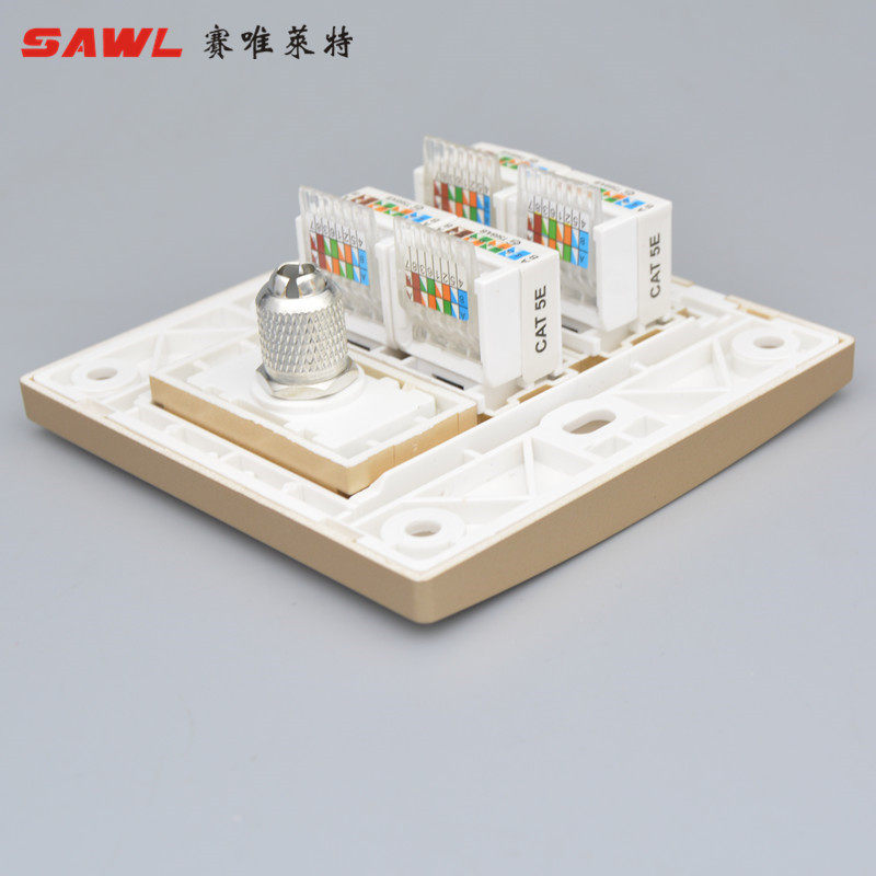 4个网络TV电视面板香槟色86型电脑网线有线电视宽带四网线口插座