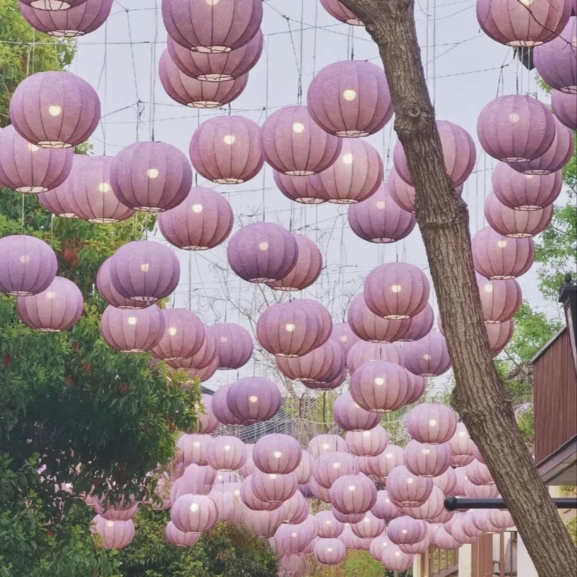 圆形灯笼新年粉色橙色可连串风景区元宵节美陈装饰户外防水布艺吊