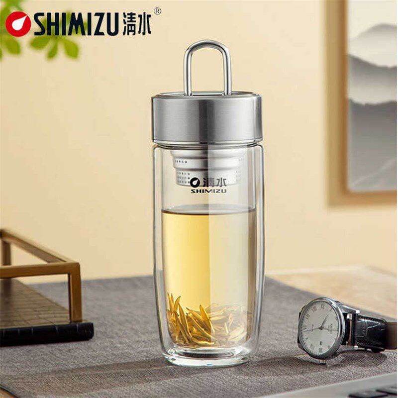 清水单双层拎环玻璃杯家用鹅蛋高硼硅玻璃水杯子316带滤网水杯子