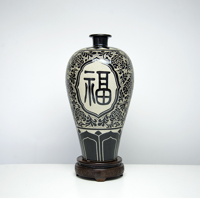 磁州窑福禄e寿现代手绘雕刻工艺品摆件中式桌面家居装饰品客厅花