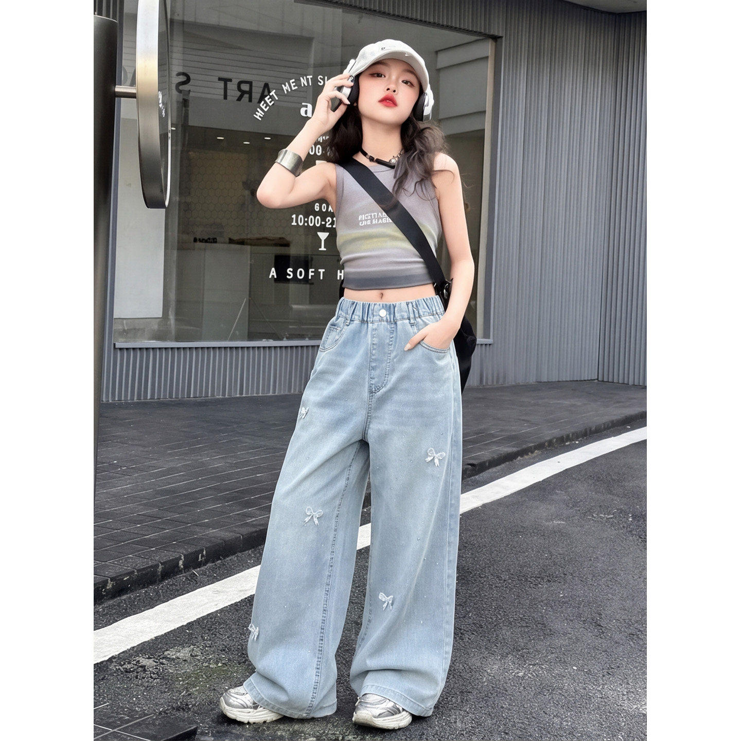 女童牛仔裤夏季薄款女孩大童时髦洋气夏天阔腿裤烫钻夏装儿童裤子