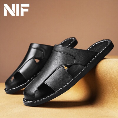 NIF夏季男拖鞋真皮拖鞋透气防滑黑色拖鞋黄色商务休闲户外拖鞋