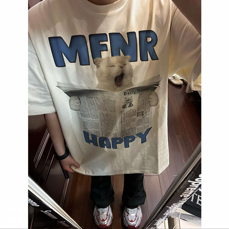 夏季潮牌设计感趣味报纸小猫印花男女生重磅纯棉情侣ins短袖T恤