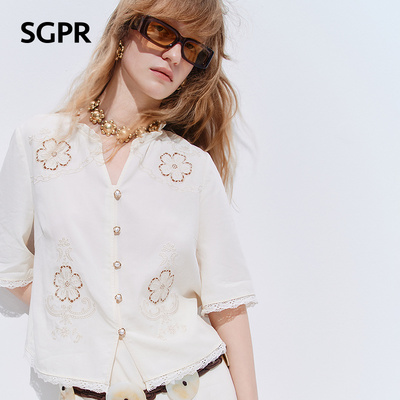 【SGPR】法式度假风米白刺绣H型短上衣26年夏季镂空蕾丝花边上衣