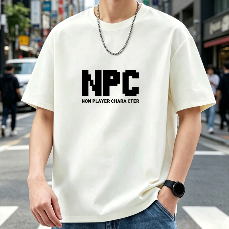 NPC重磅纯棉短袖T恤情侣宽松不透休闲创意印花潮牌黑白半袖落肩