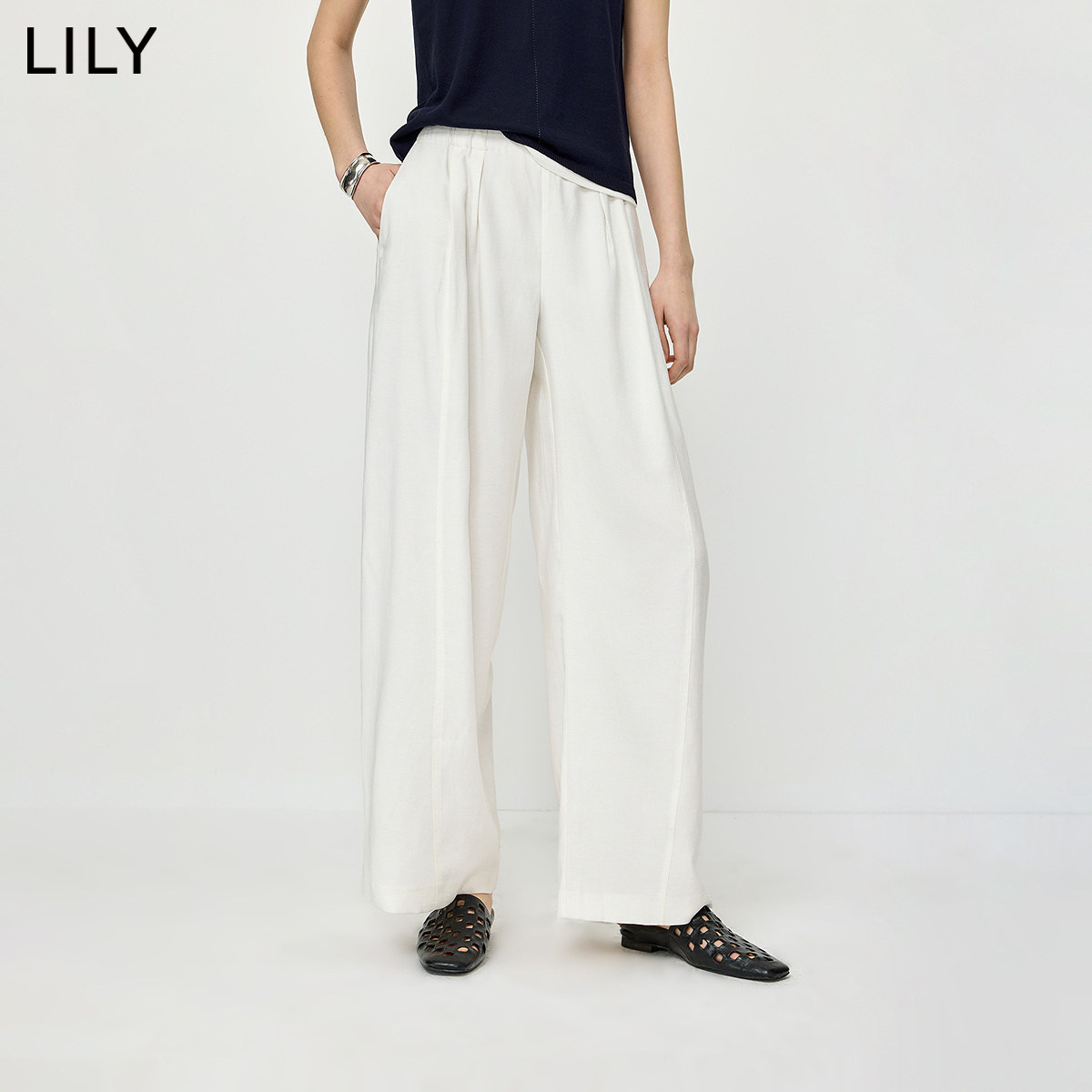 LILY2026夏新款女装含亚麻简约宽松百搭通勤白色阔腿气球裤休闲裤