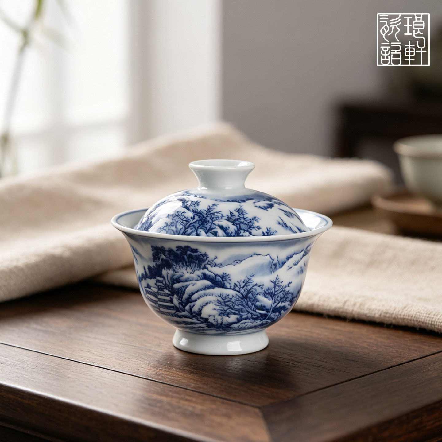 琅轩瓷语雪景堆白盖碗 景德镇手工仿古瓷家用茶室中式收藏茶器