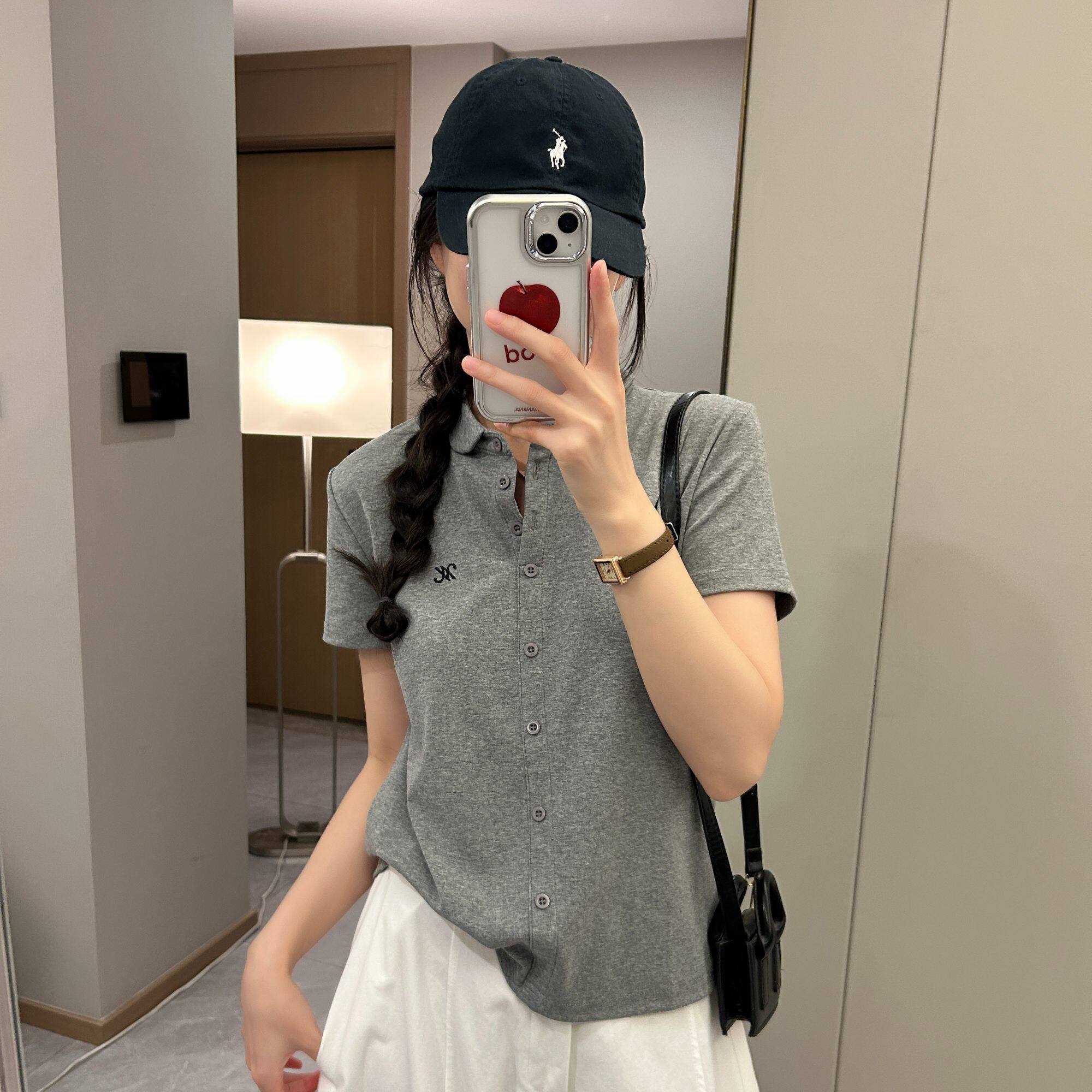 「元宝领 显瘦polo衫」透气赛罗棉短袖T恤女夏季百搭字母刺绣J912