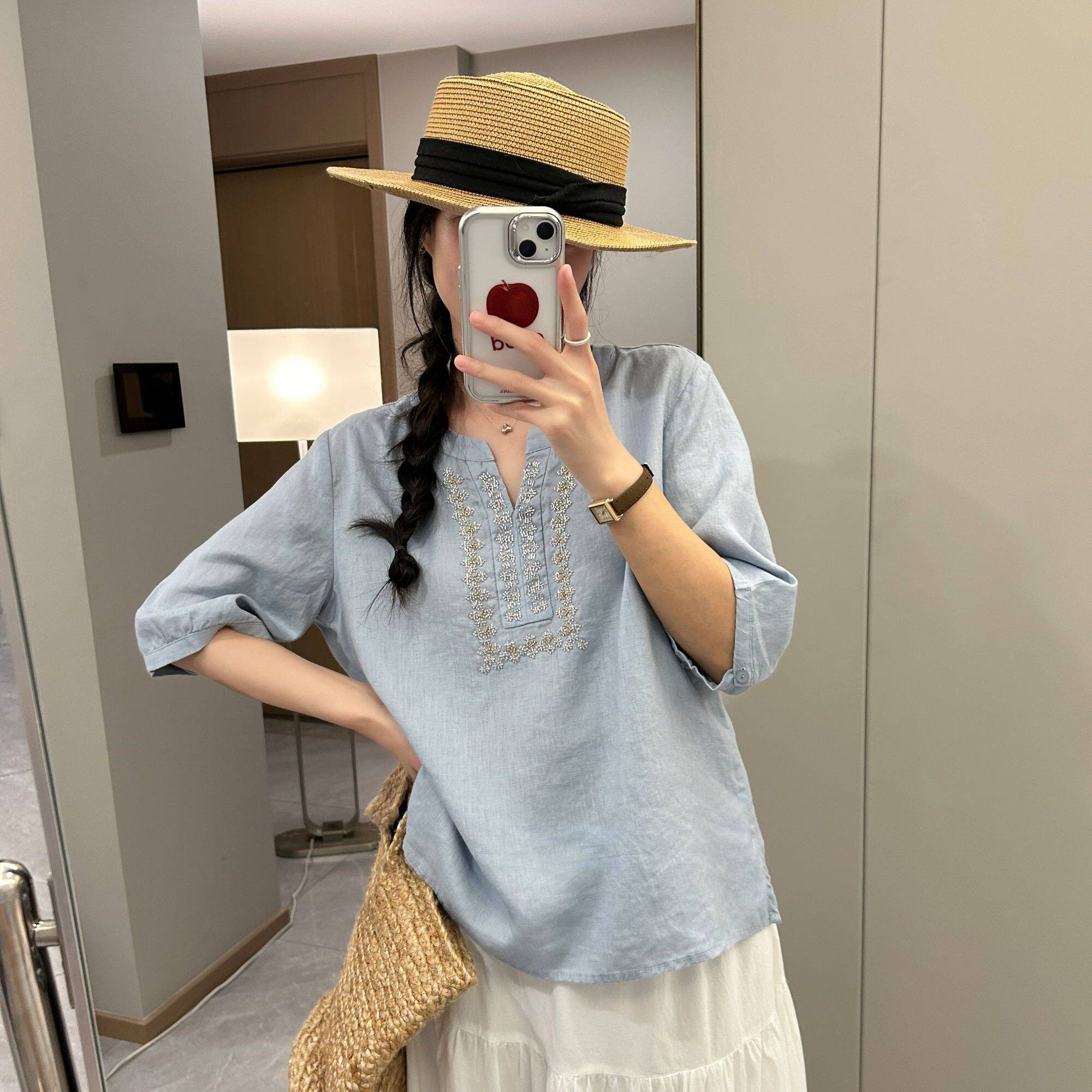 「珠管绣工艺 100%纯亚麻」显瘦百搭V领半袖衬衫夏季宽松透气H665