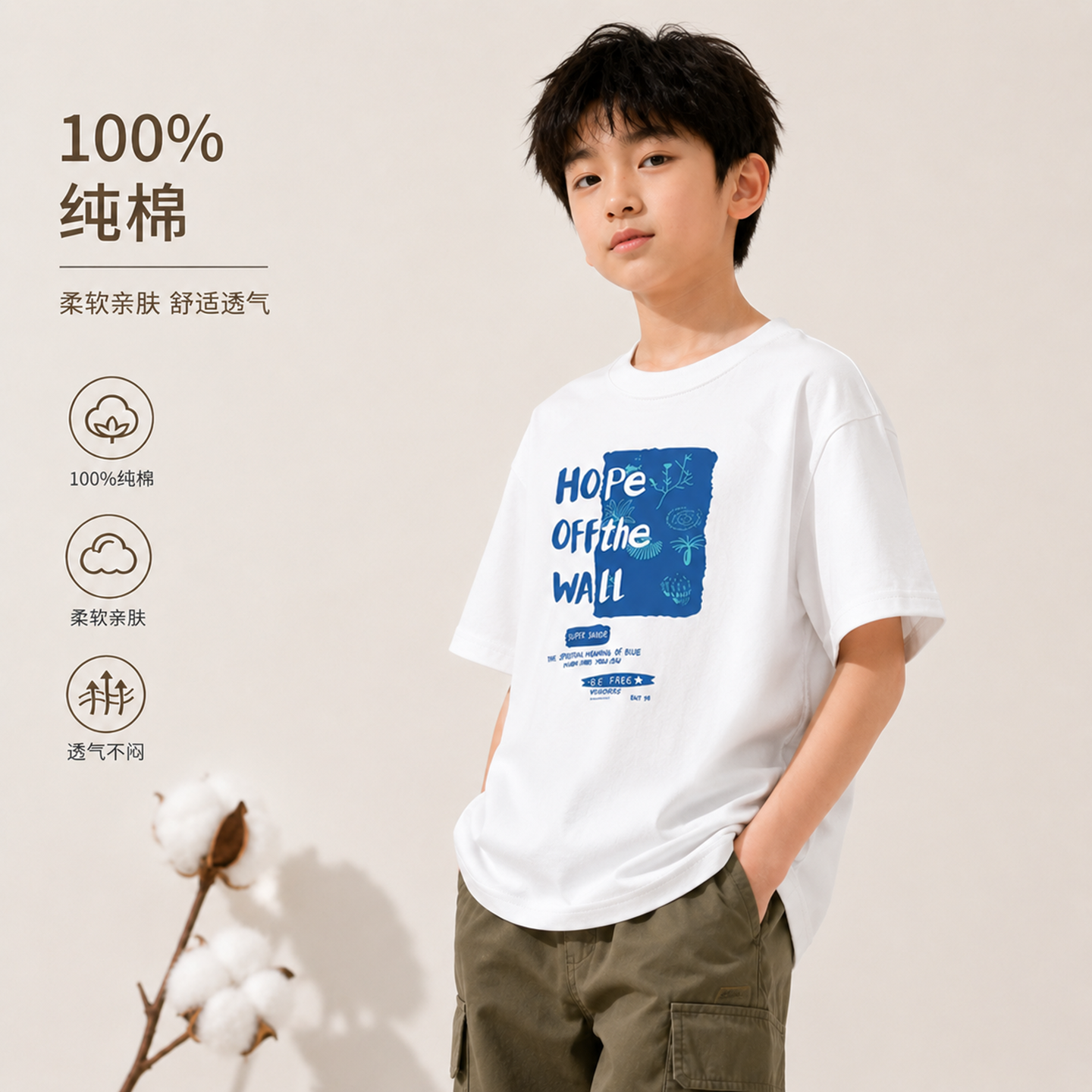 2026夏季男童柔软透气纯棉短袖T恤男童圆领宽松字母印花亲肤透气