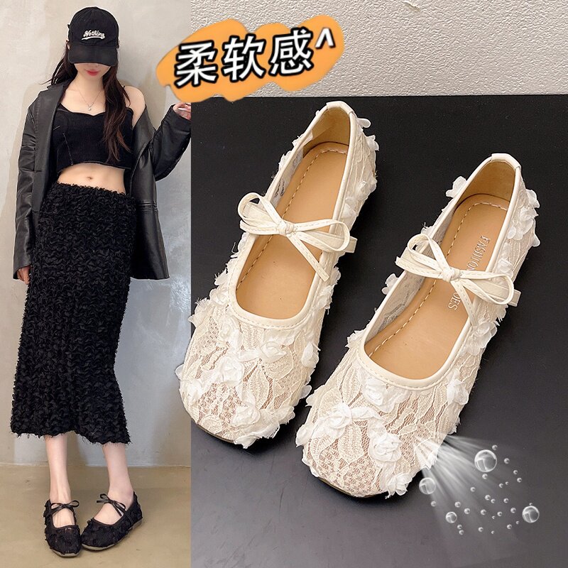 法式蕾丝网纱浅口单鞋女夏季高级感配裙子平底玛丽珍芭蕾舞鞋34码