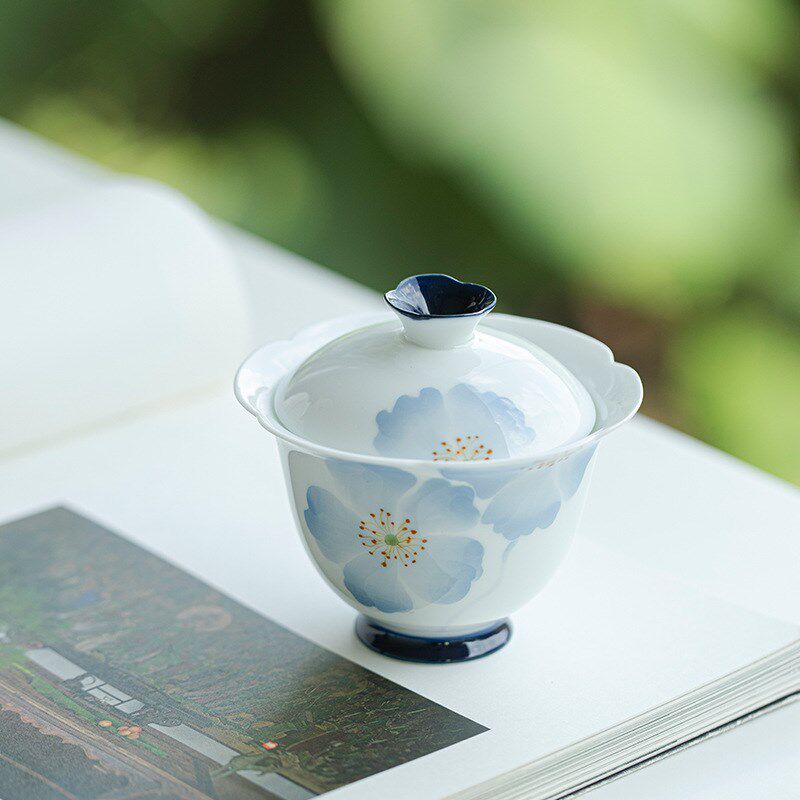 夏禾茶具纯手工陶瓷花口盖碗釉下彩家用小号泡茶碗茶杯薄胎小清新