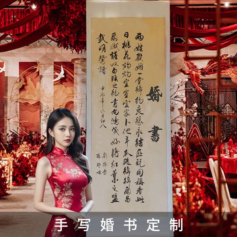 手写订婚书卷轴订婚宴高级感中式聘书送日子婚庆布置挂画书法定制