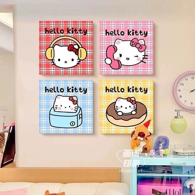 可爱格子ins风kiity猫客厅挂画卧室床头装饰画儿童房组合壁画挂画