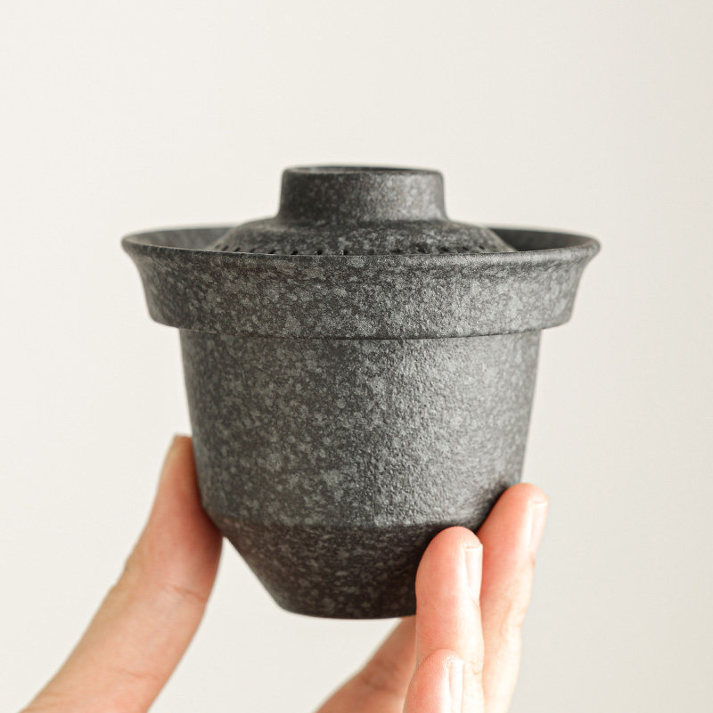 青石釉陶瓷二才盖碗茶杯单个茶碗带盖高档功夫茶具环形滤孔泡茶杯