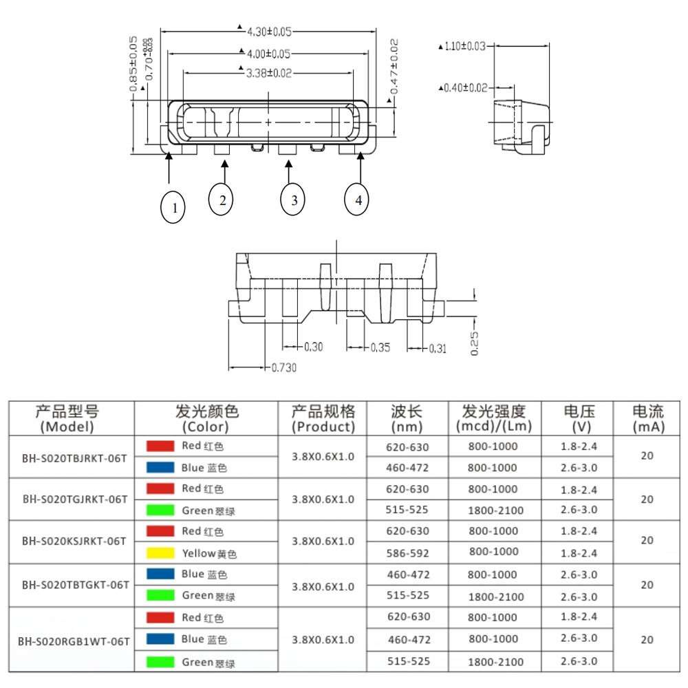 020/3806侧面七彩红色蓝色翠绿共阴全彩LED贴片灯珠发光二级灯管